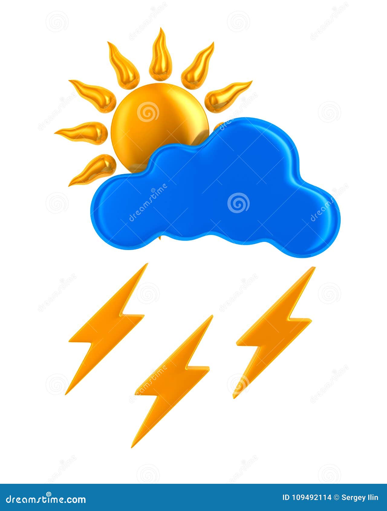 Sun and Cloud and Lightning on White Background. Isolated 3D Ill Stock ...