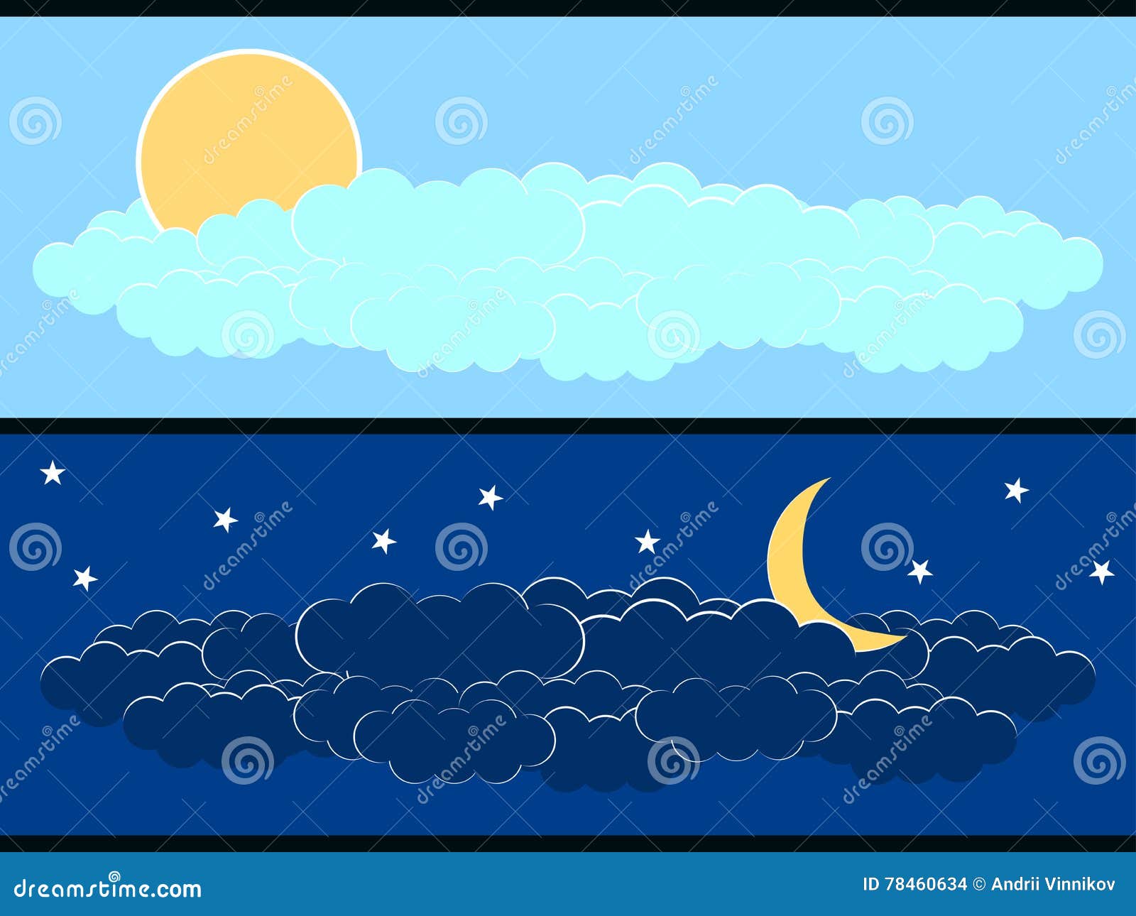 Sun with Clouds, Moon and Clouds. Banners with the Time of Day Stock ...