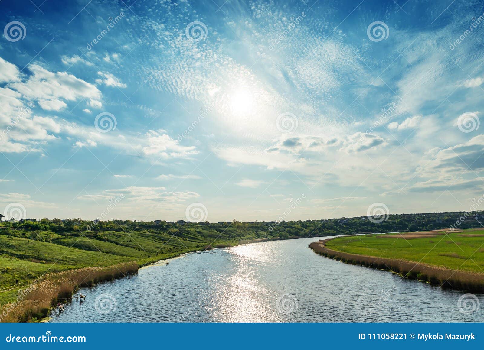 Sun in clouds over river stock image. Image of green - 111058221