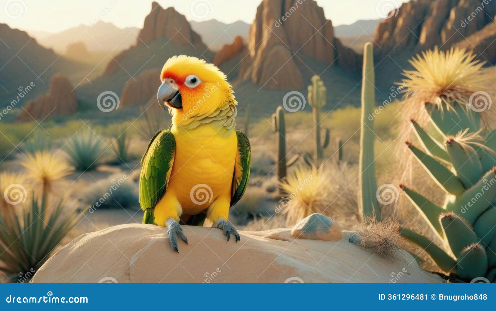 Sun Conure Parrot in Desert Landscape at Sunset Stock Illustration ...