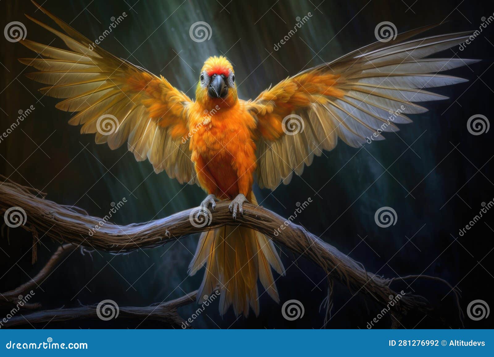 Sun Conure Perched on a Branch with Outstretched Wings Stock ...