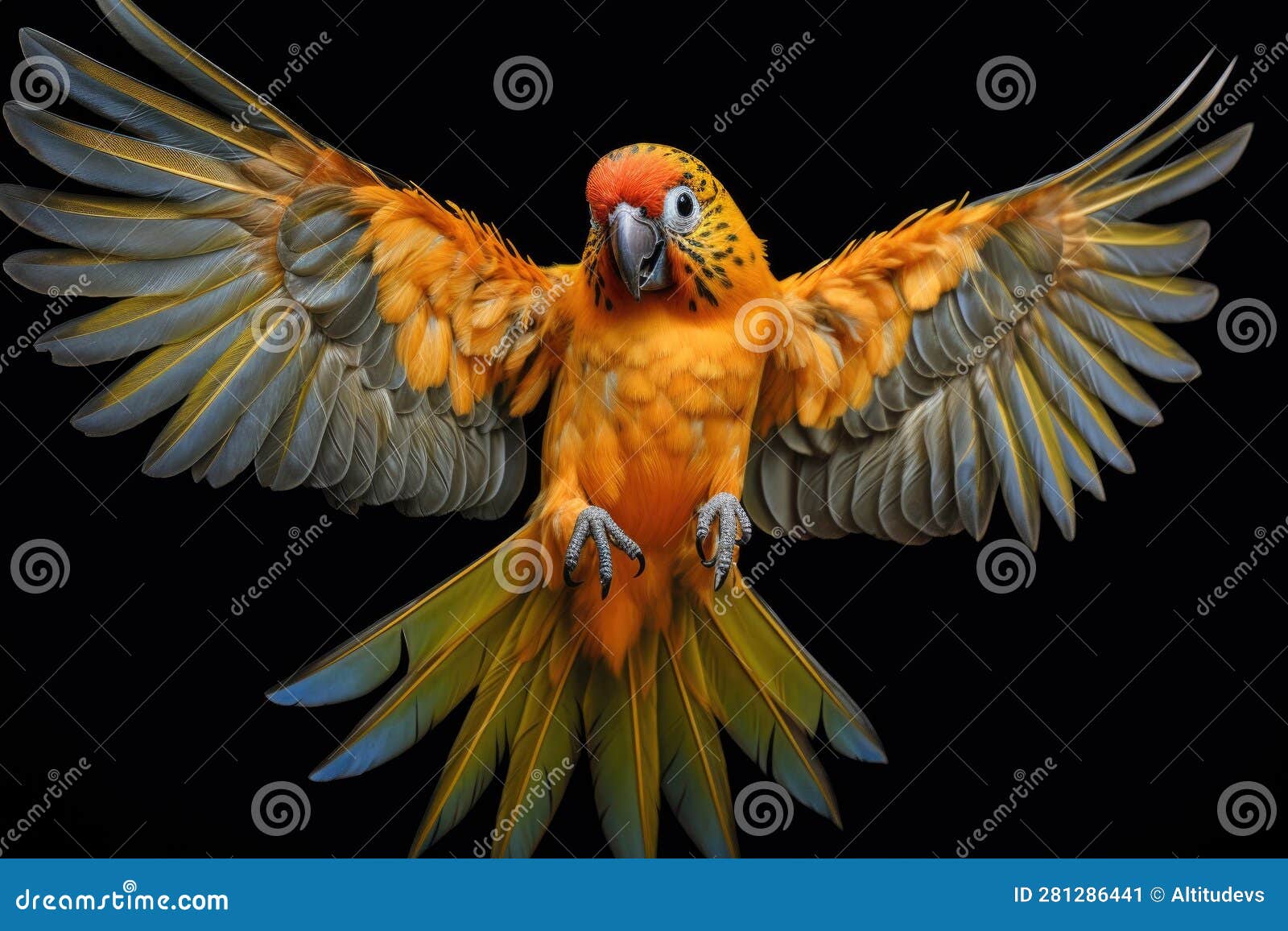 Sun Conure Stretching Its Wings, Showcasing Colors Stock Image - Image ...