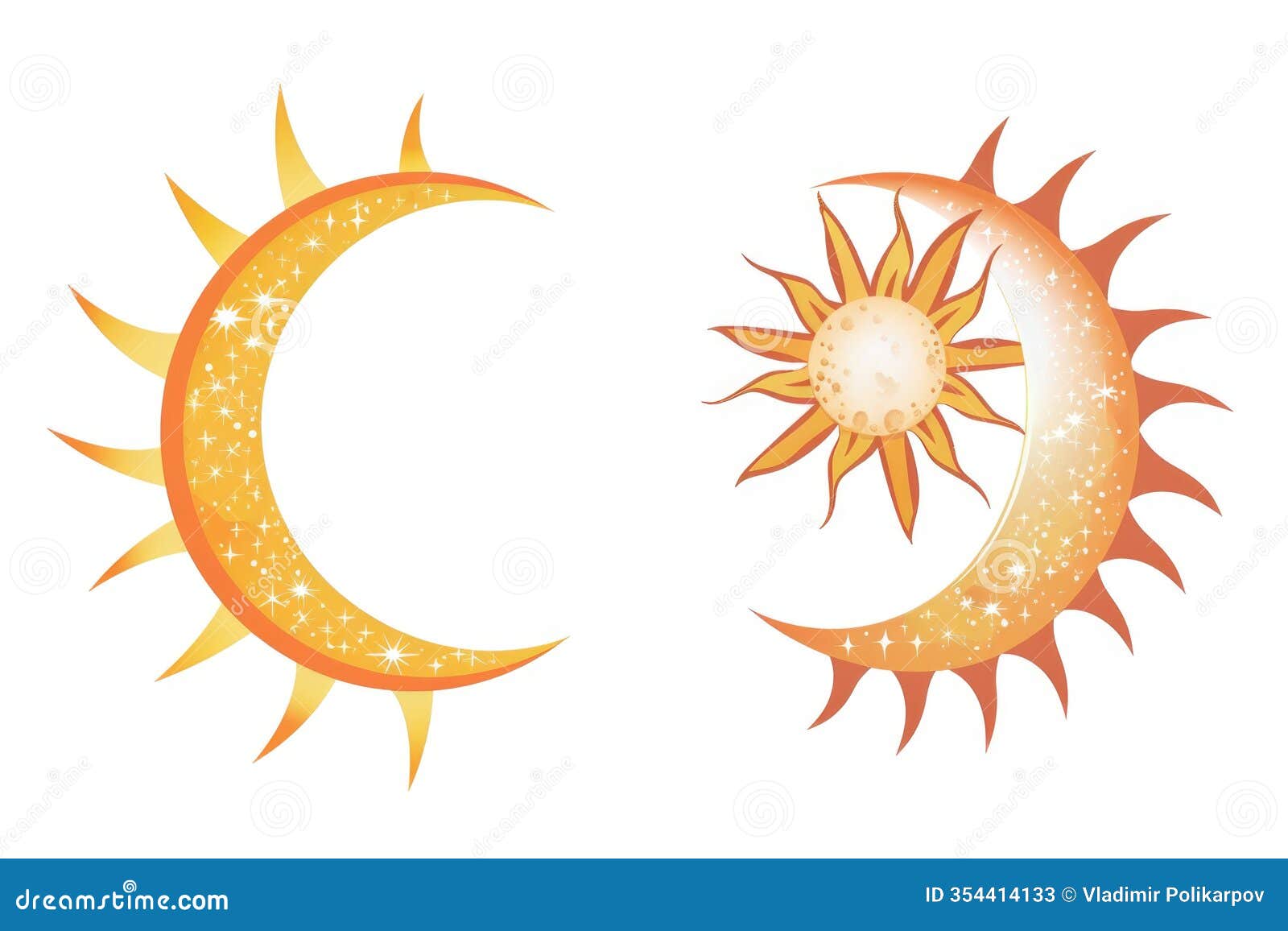 Sun, Crescent, Stars on White Background. Perfect for Celestial-themed ...