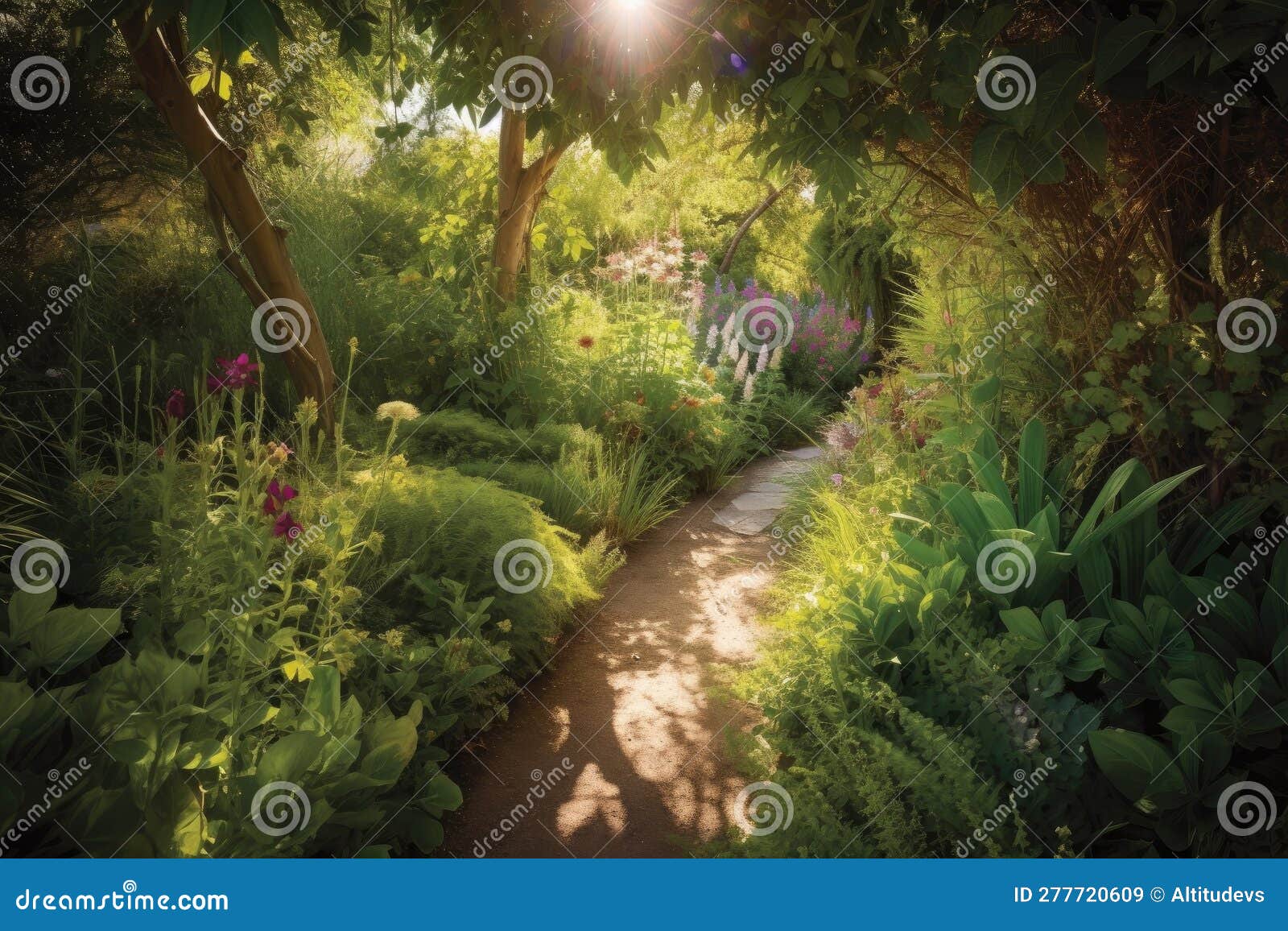 A Sun-dappled Path through a Garden of Fresh Growth Stock Image - Image ...