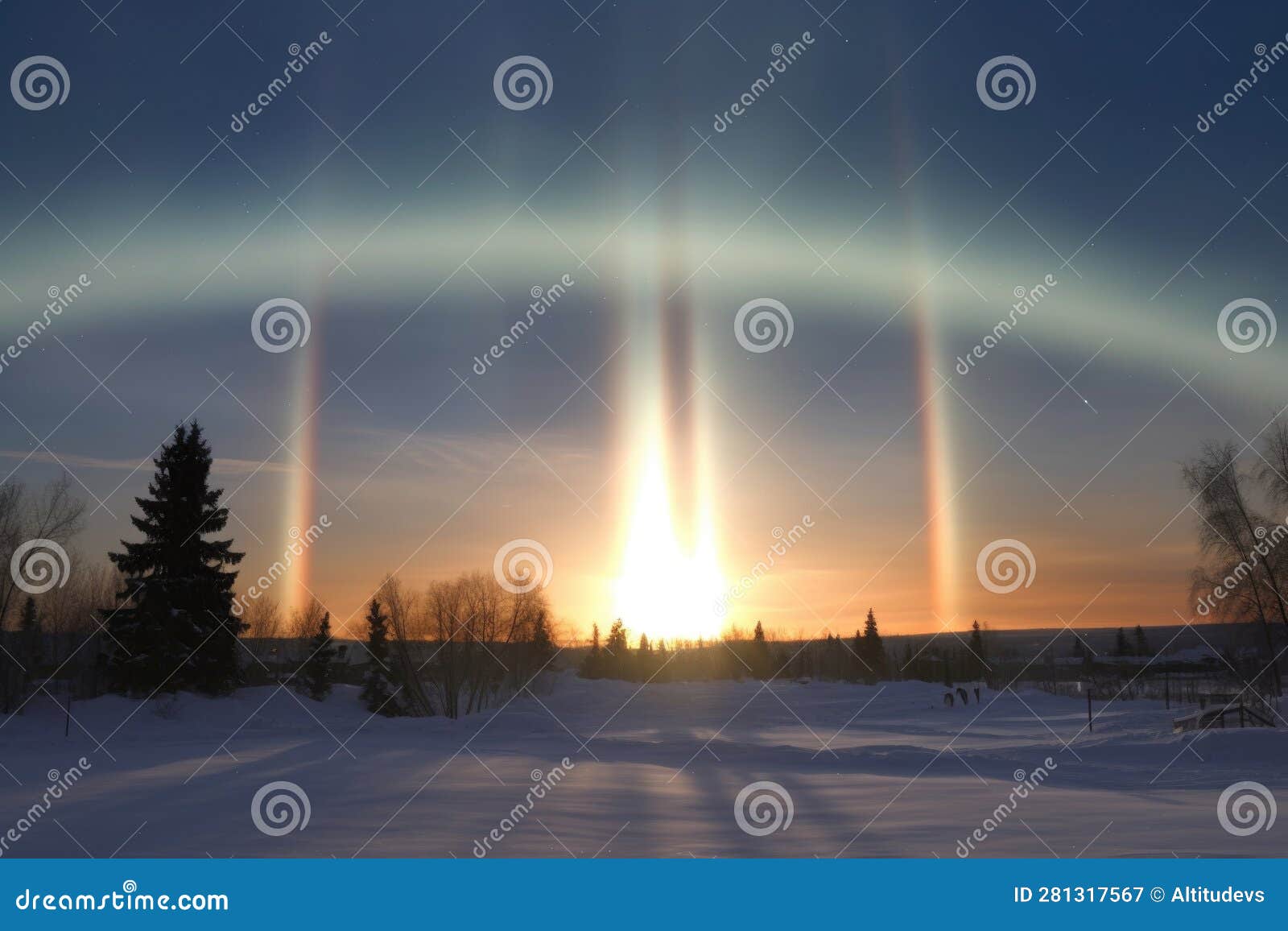 Sun Dogs in Sky with Northern Lights in Background Stock Illustration ...