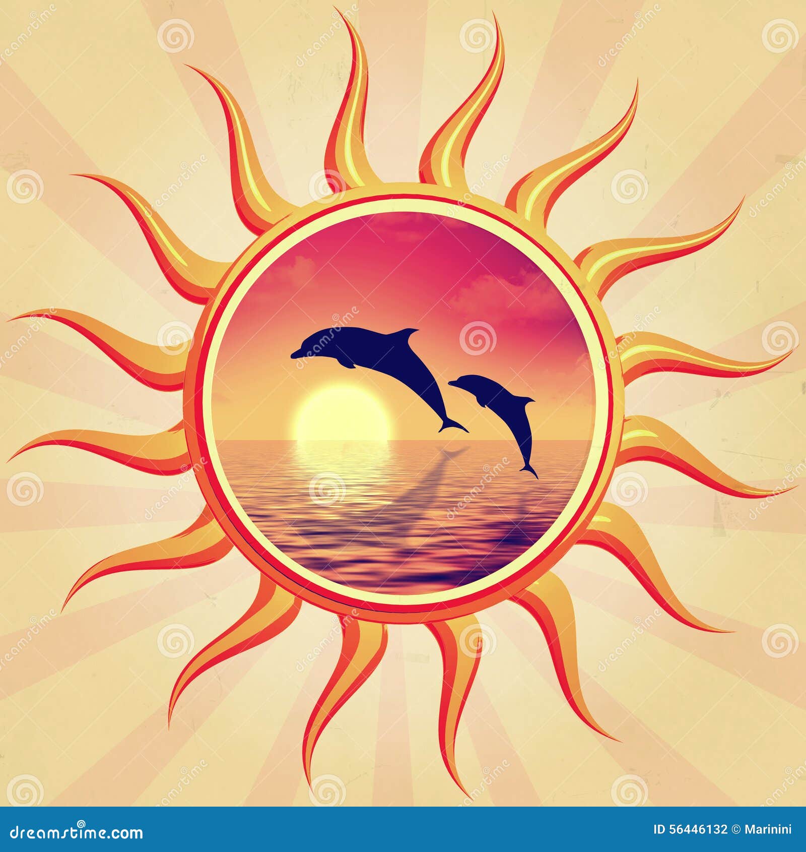 Sun and dolphins stock illustration. Illustration of dolphin - 56446132