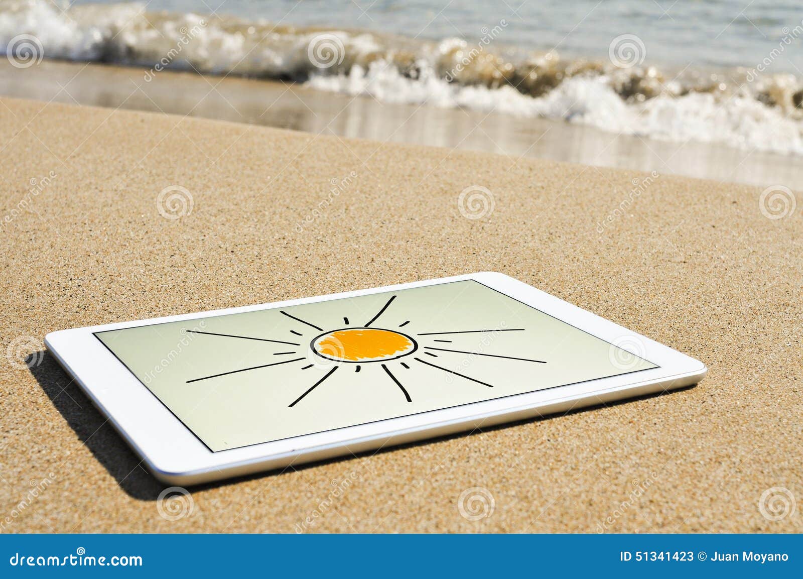 Sun Drawn in a Tablet in the Sand of a Beach Stock Image - Image of ...
