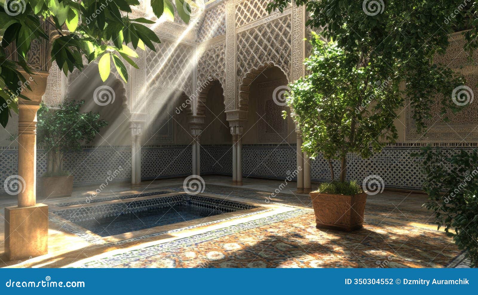 A Sun-drenched Courtyard Adorned with a Reflecting Pool, Complex Tile ...