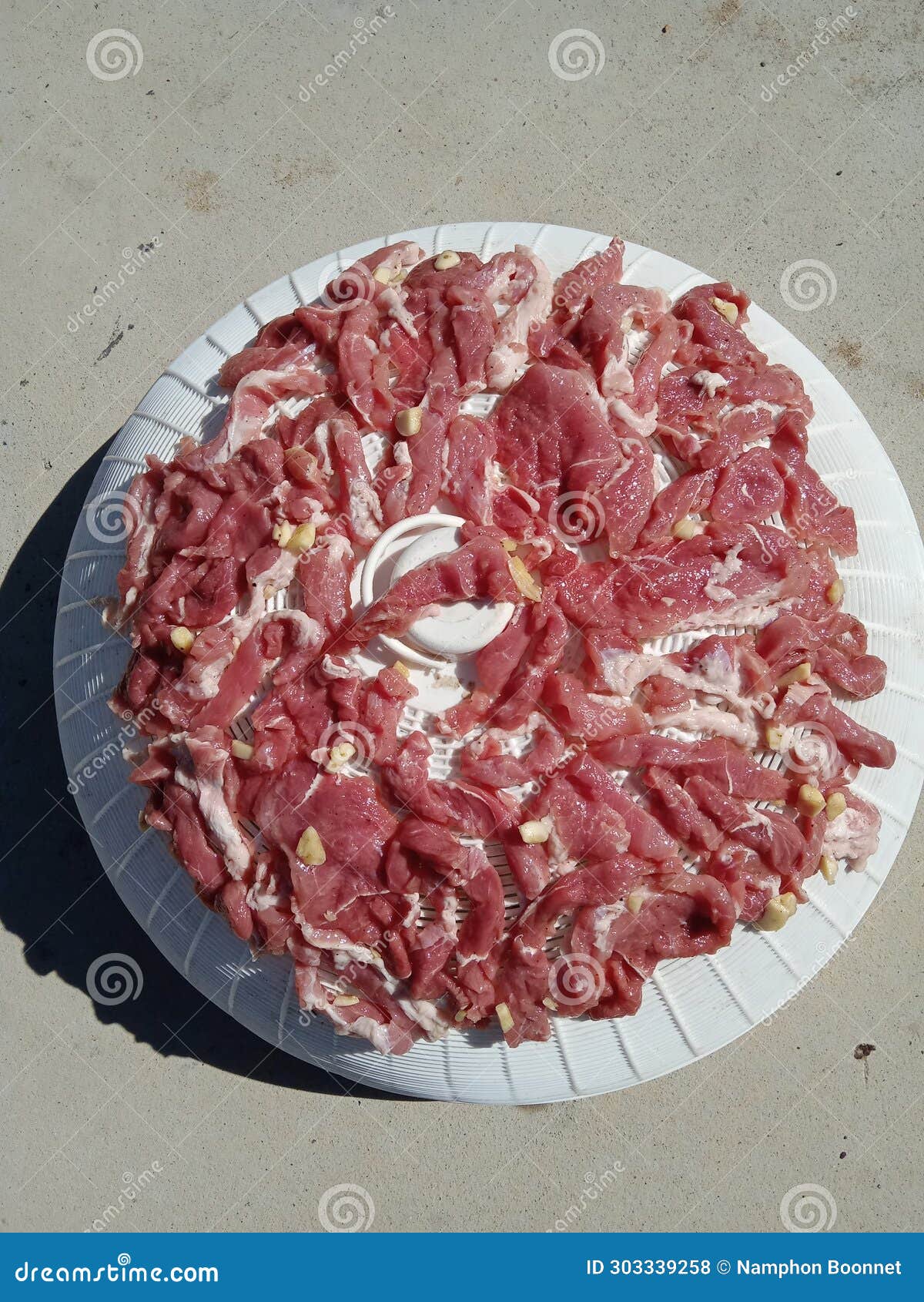 Sun Dried Meat Marinated Pork Outdoor on Plastic Stock Photo - Image of ...