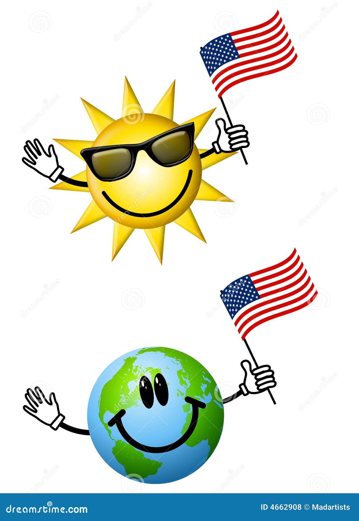 Sun Earth with American Flags Stock Illustration - Illustration of ...