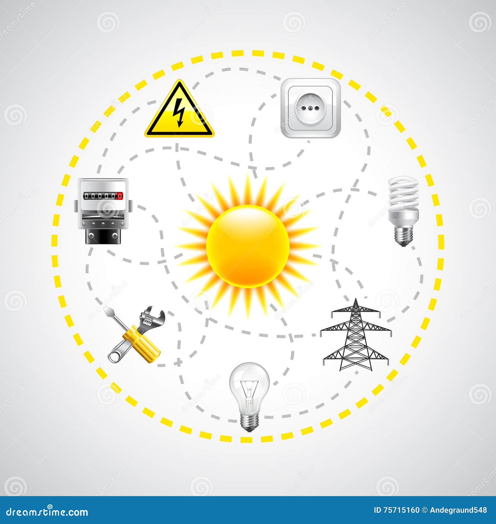 Sun and Electricity Tools, Connected with Dotted Lines Stock Vector ...