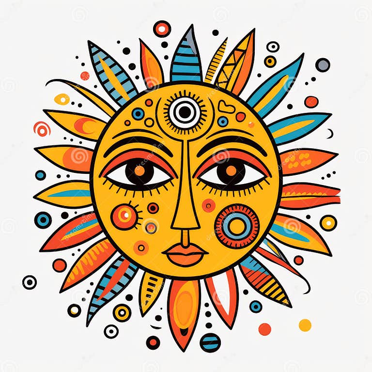 Folk Art Doodle Sun Face Vector with Ethnic Ornaments and Whimsical ...