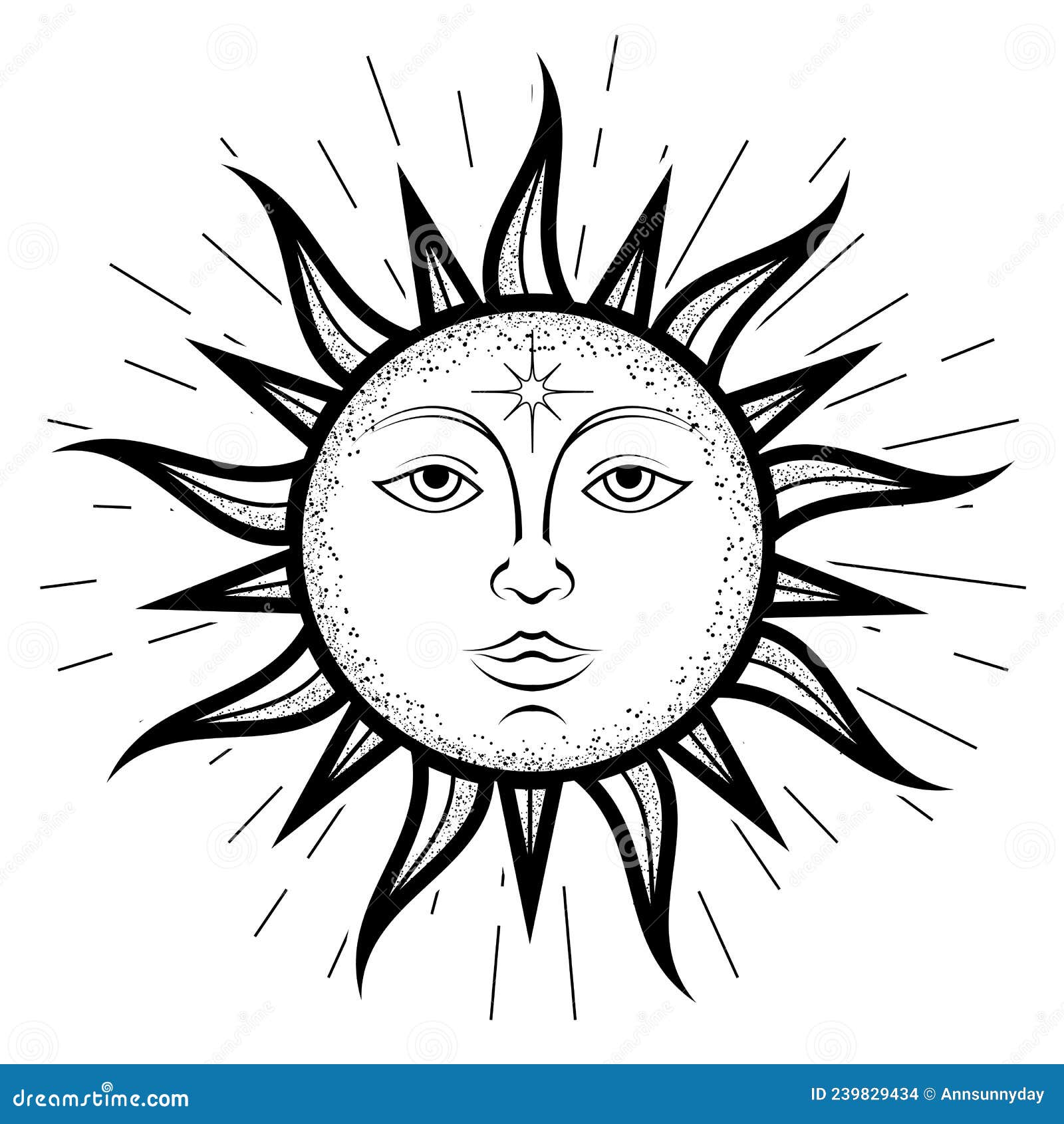 Sun Face Symbol with Wavy Rays, Vintage Style Sunshine Stock Vector ...