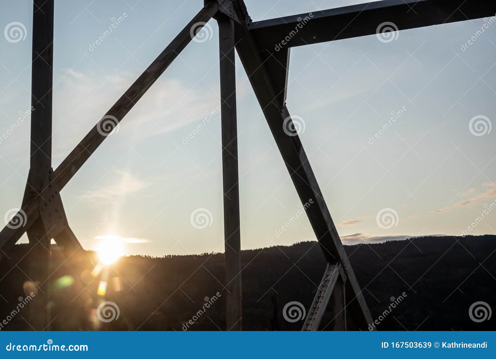 Sun Goes Down Sunset through Metal Bridge Construction. Architecture ...