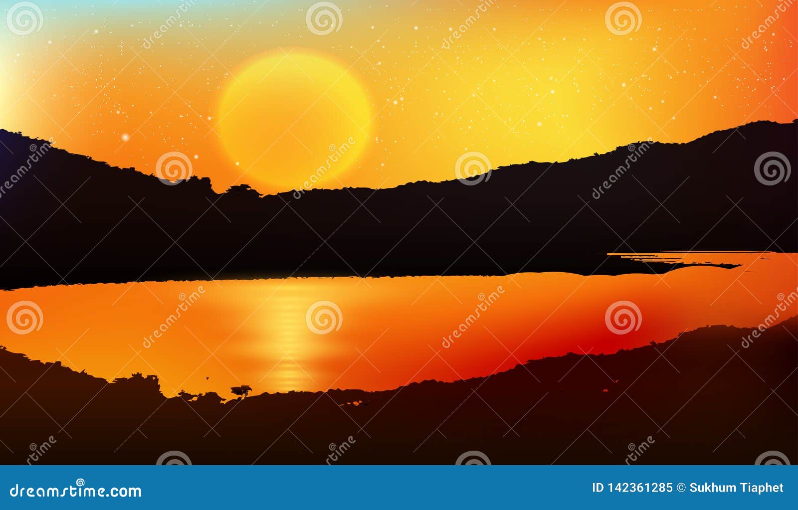 The Sun is Going Down To the Horizon Behind Mountains and Rivers. Stock ...