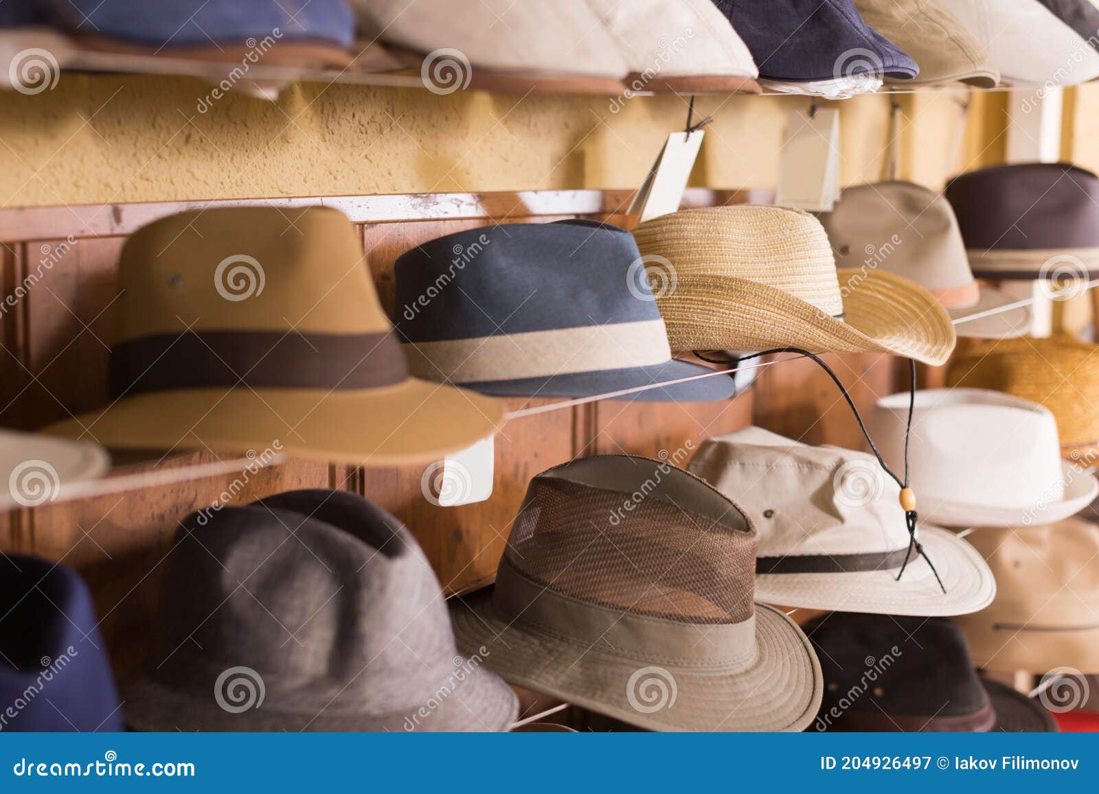 Sun Hats Hanging on the Shelf Stock Image - Image of group, floppy ...