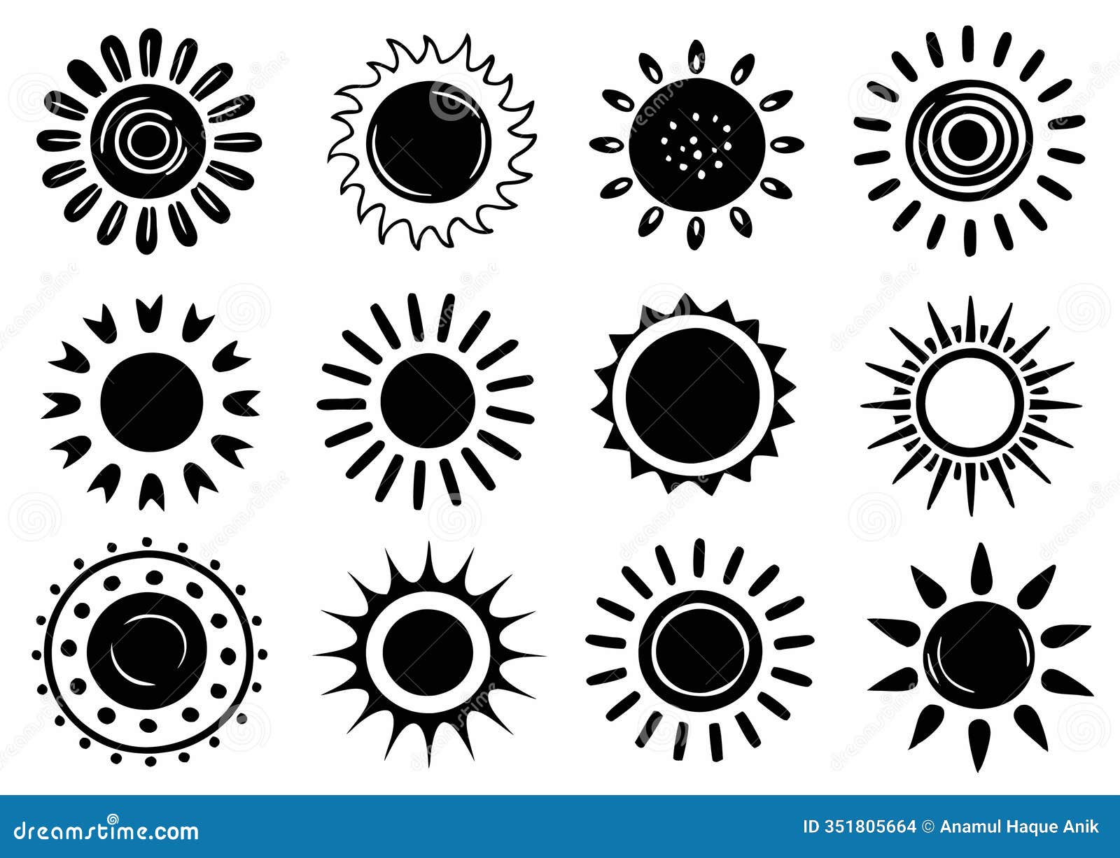Sun Icons Black White Solar Symbols Summer Design Elements Stock ...