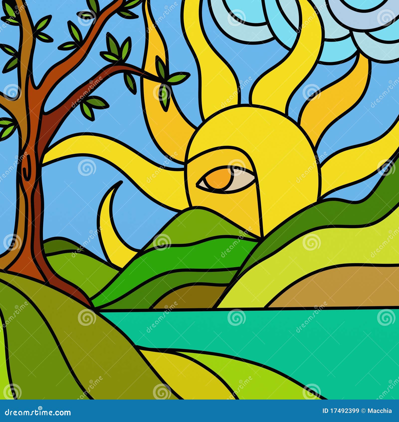 Sun and lake stock illustration. Illustration of color - 17492399