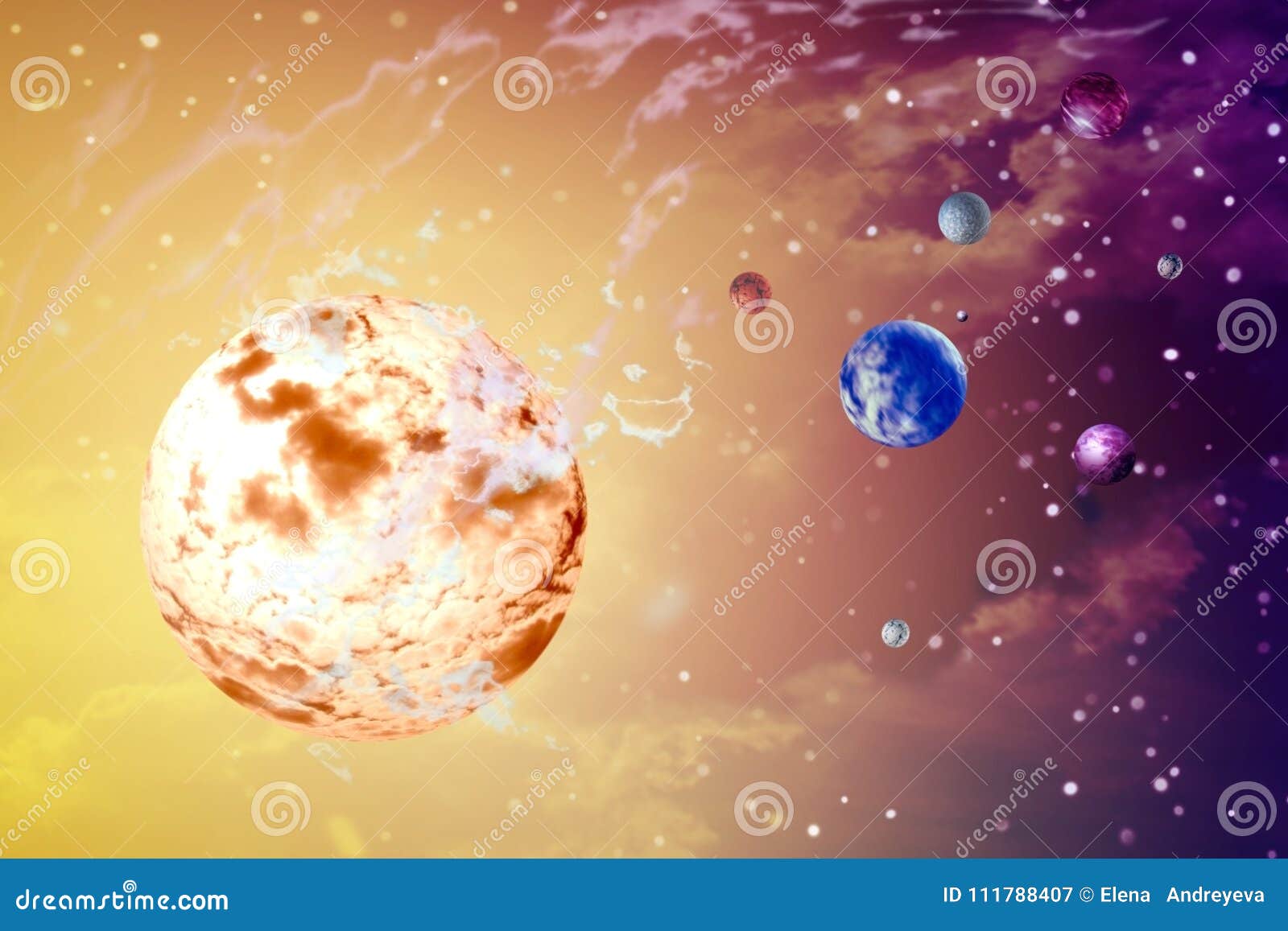 Sun, Land, Planets in Outer Spaces Stock Illustration - Illustration of ...