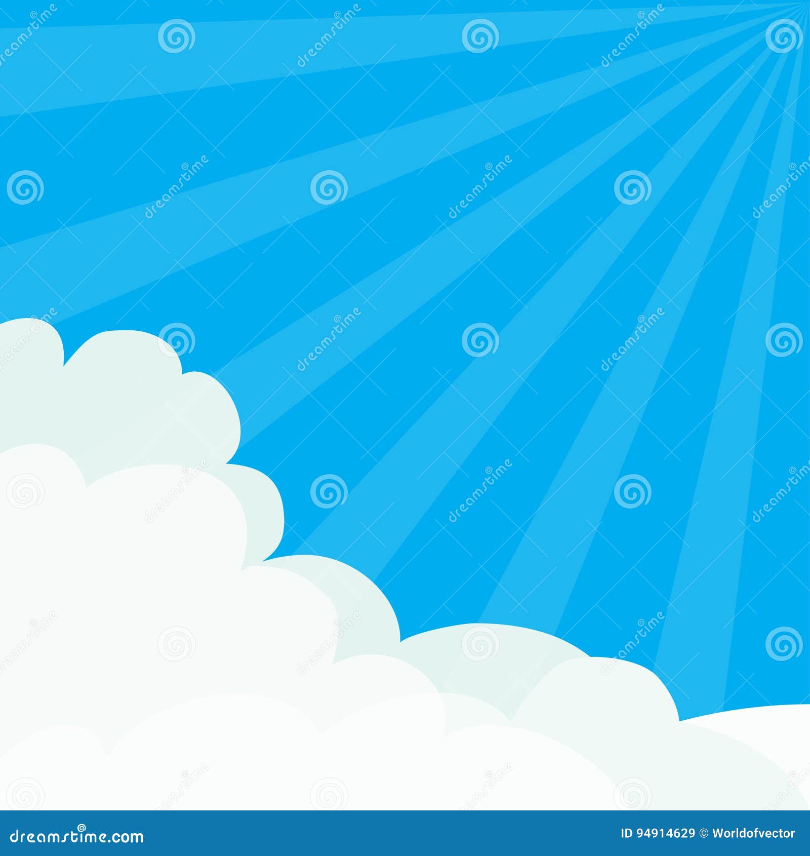 Sun Light Rays Burst. Blue Sky. Sunshine Fluffy Cloud in Corners Frame ...