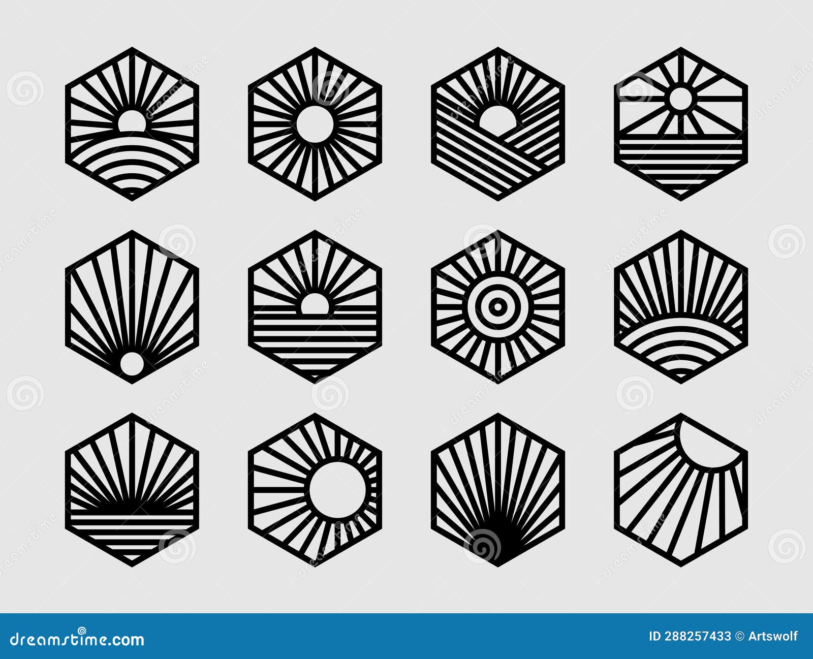 Sun Line Abstract Hexagon Logo Design Bundle. Modern Sunrise Line ...
