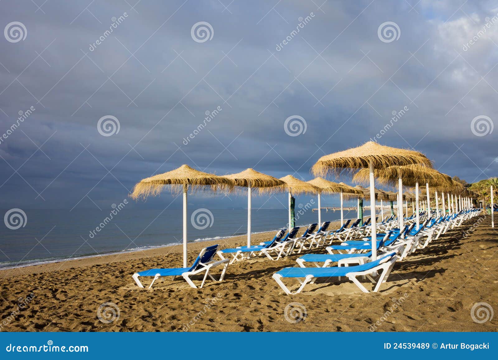 Sun Loungers at Marbella Beach Stock Image - Image of andalucia ...