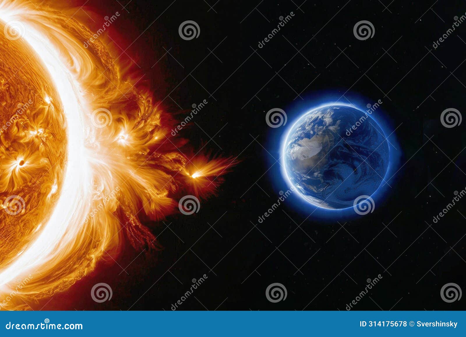 Sun with Magnetic Storms, Earth. Plasma Flash on the Surface of a Our ...