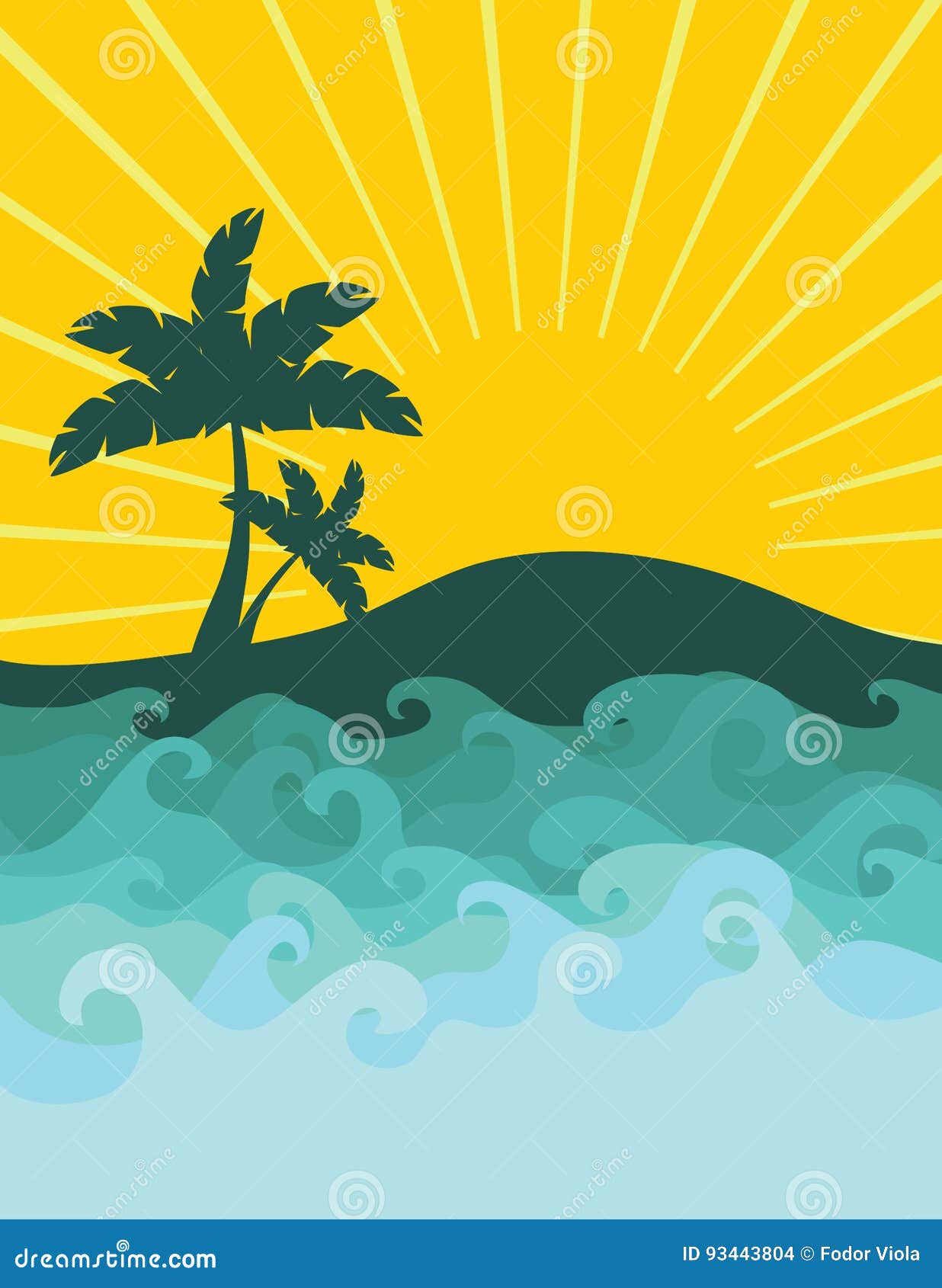Sun, mar y palmeras ilustración del vector. Ilustración de azul - 93443804