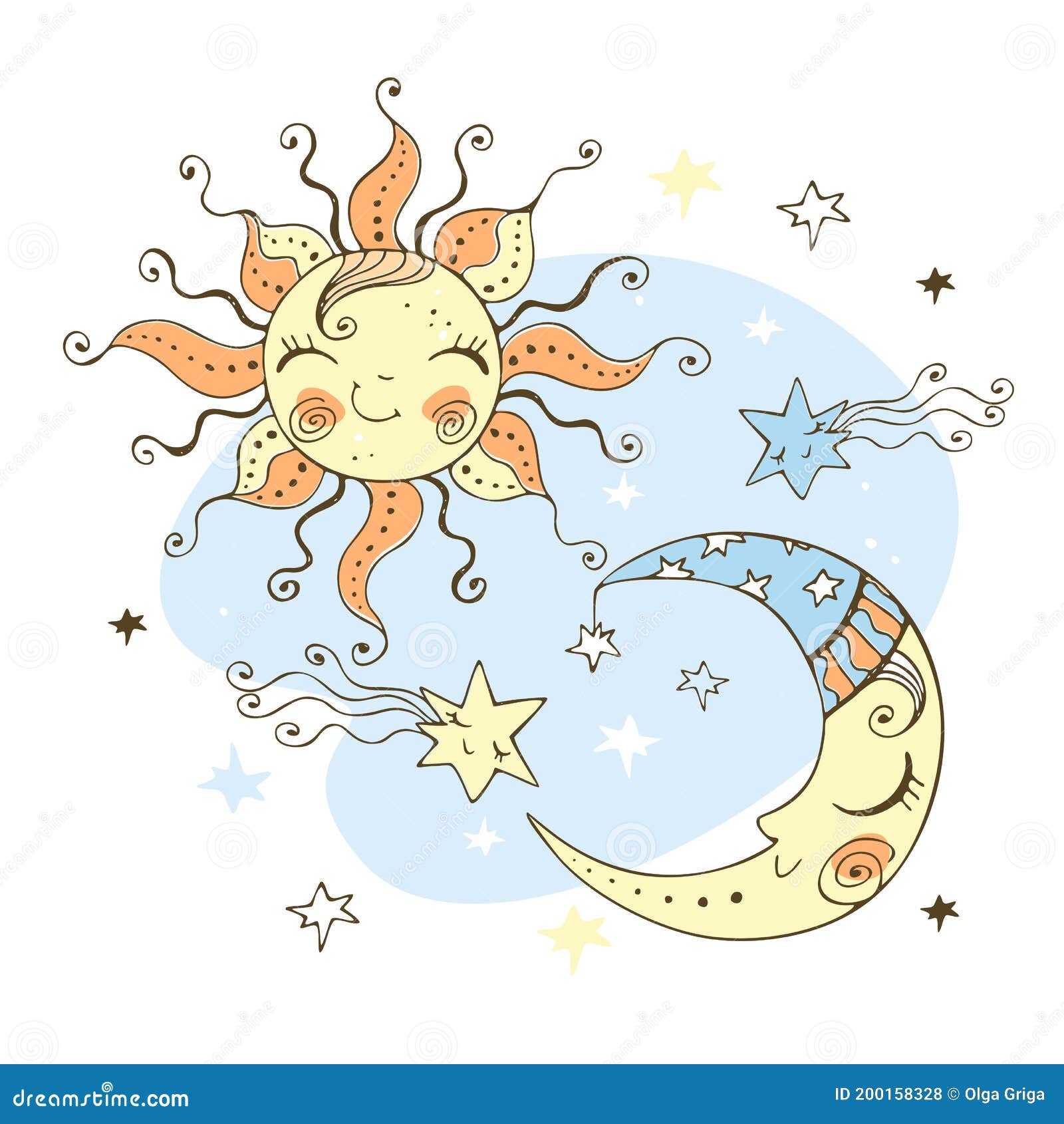 Sun and Moon in a Cute Doodle Style for Children`s Theme. Vector Stock ...