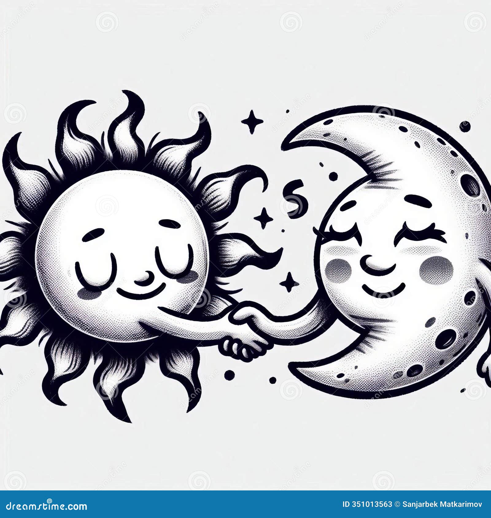 Sun and Moon Duo a Doodle of a Cheerful Sun Shaking Hands with a Stock ...