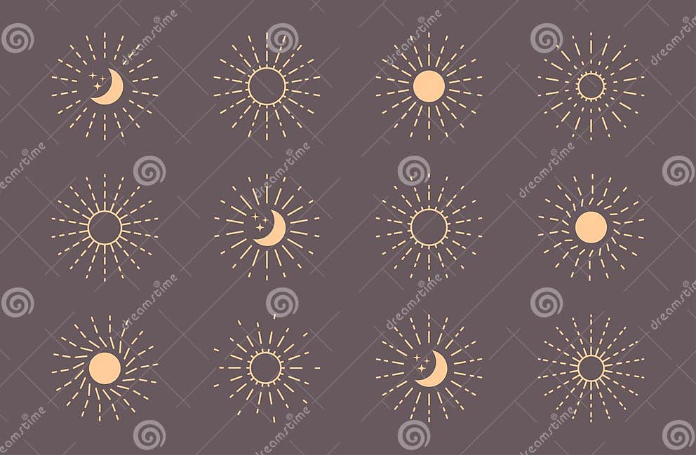 Sun Moon Rays Decorative Frames, Sunburst Rays Design Elements, Thin ...