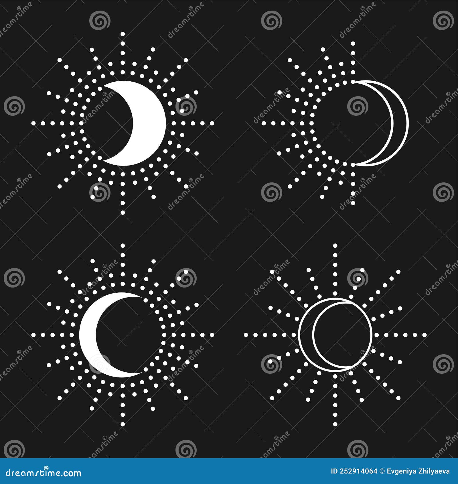 Sun and Moon Set. Simple Graphic Style. White Objects Isolated on Black ...