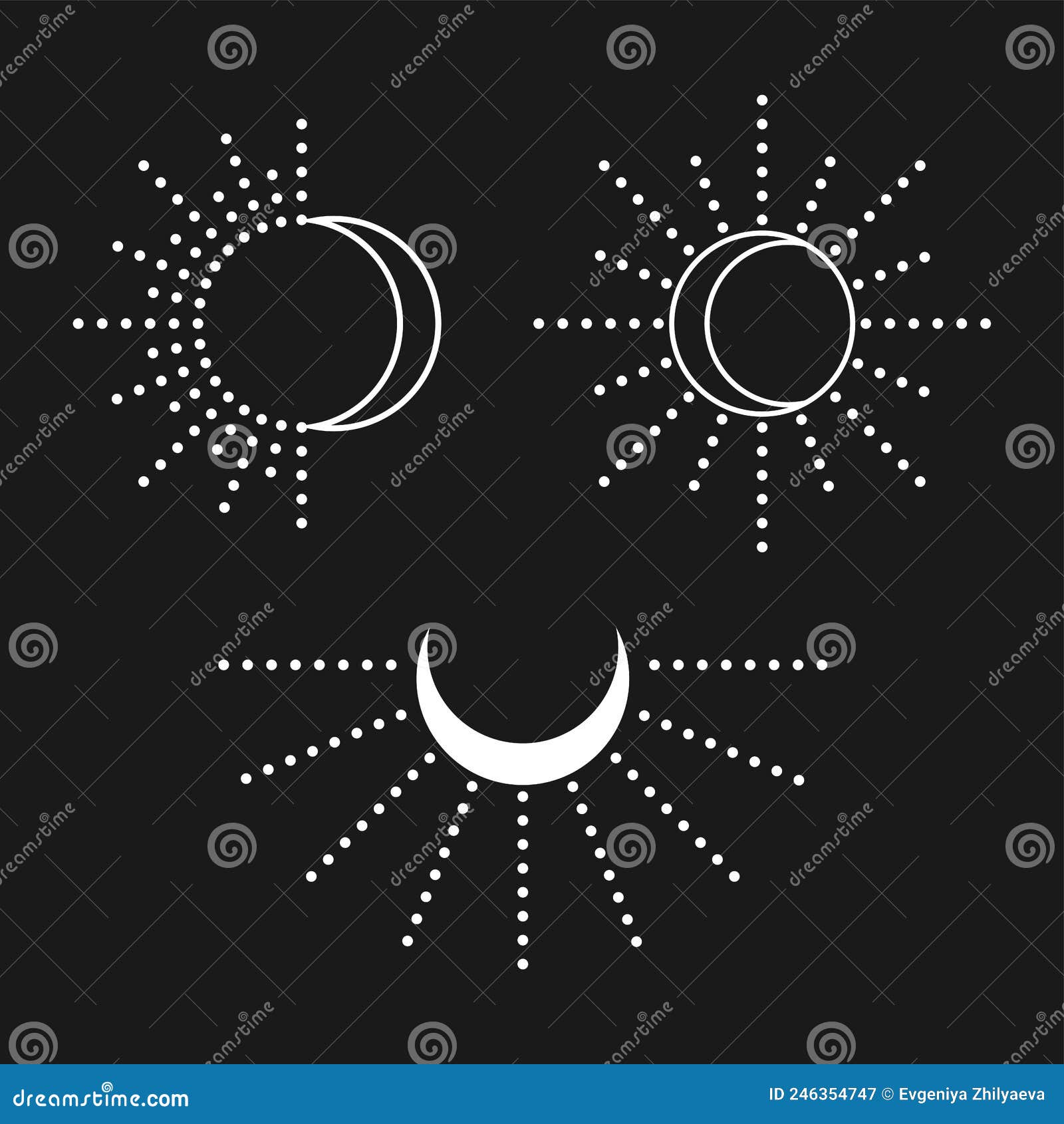 Sun and Moon Set. Simple Graphic Style. White Objects Isolated on Black ...