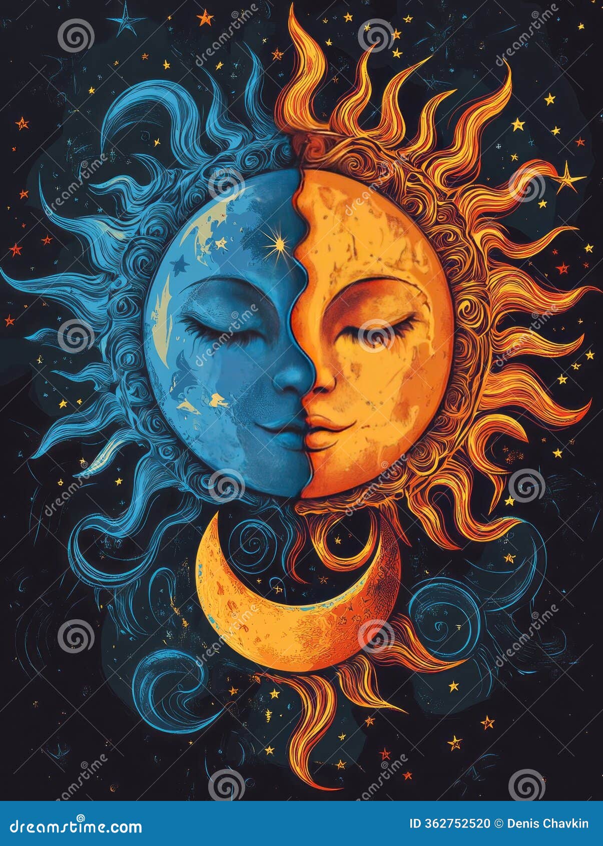 Sun and Moon, Watercolor Style. Half Face Isolated on Black Background ...