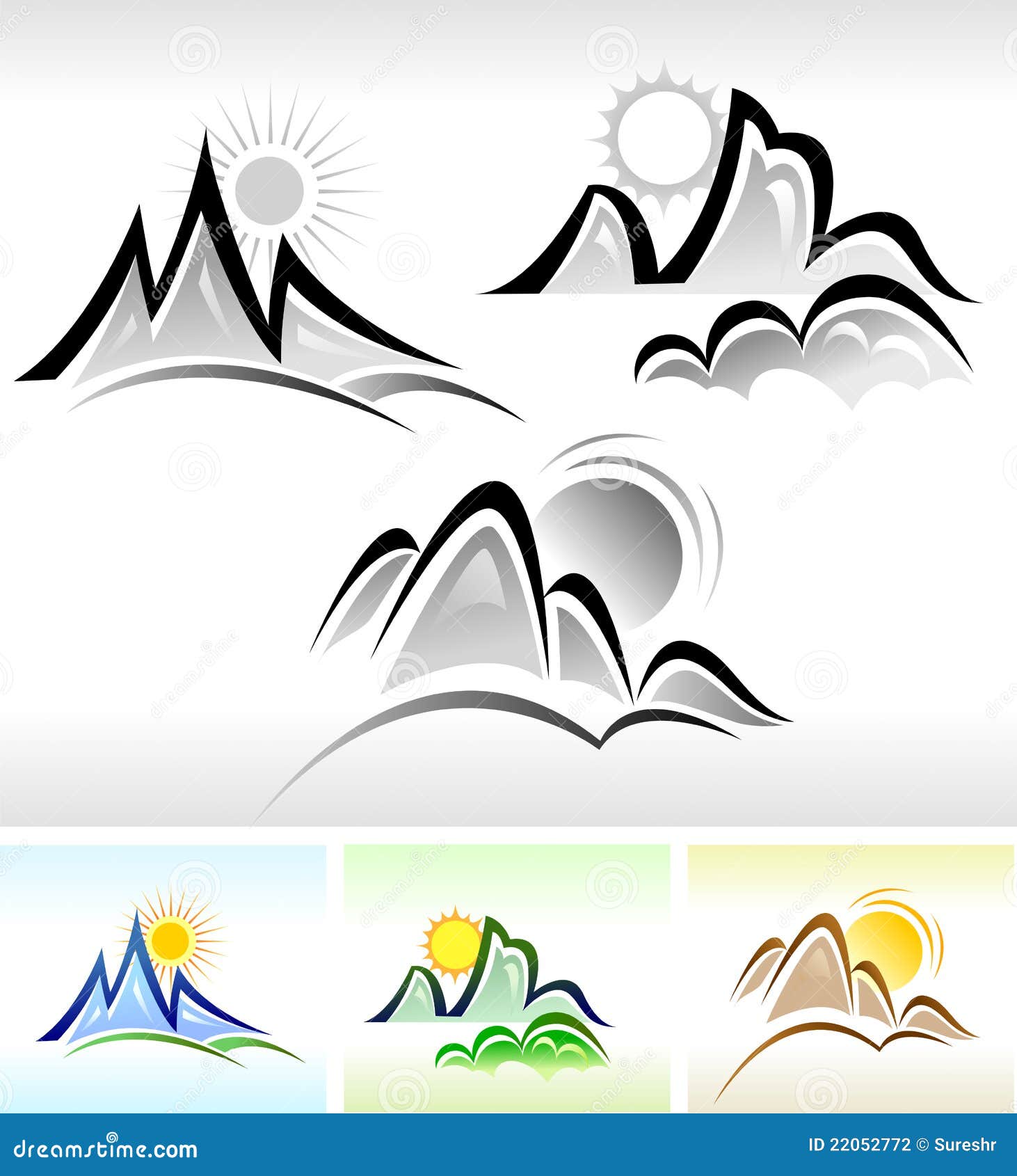 Sun and Mountain ICON set stock vector. Illustration of outline - 22052772