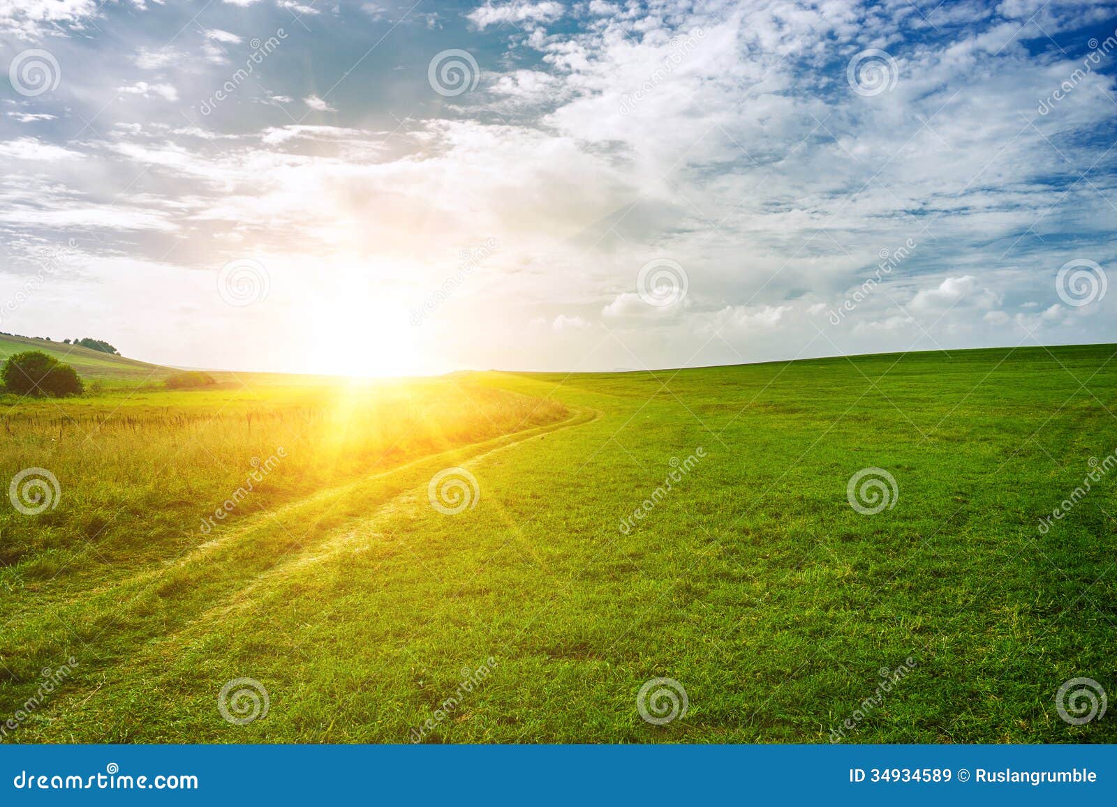 Sun Near the Horizon and Green Field Stock Image - Image of idyllic ...