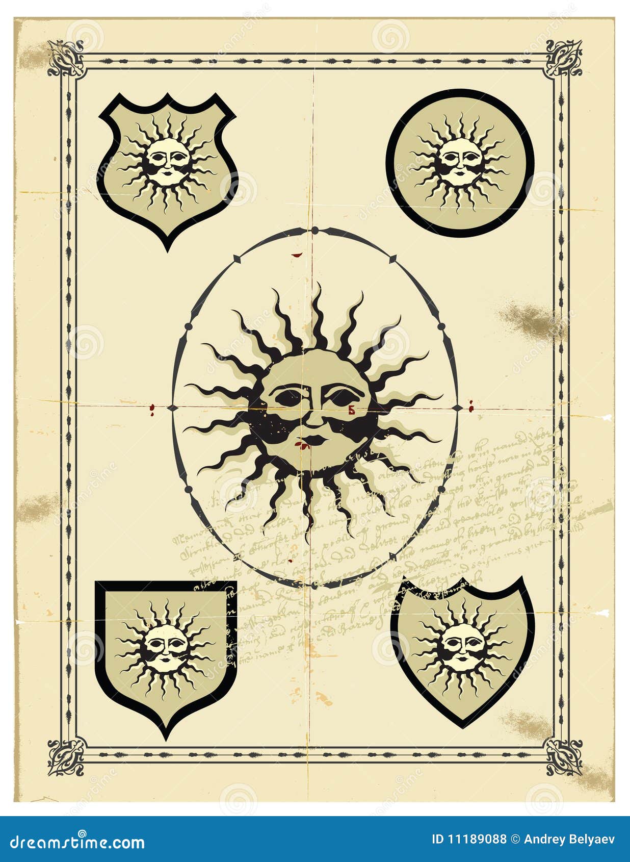 The sun on the old page. stock illustration. Illustration of arms ...