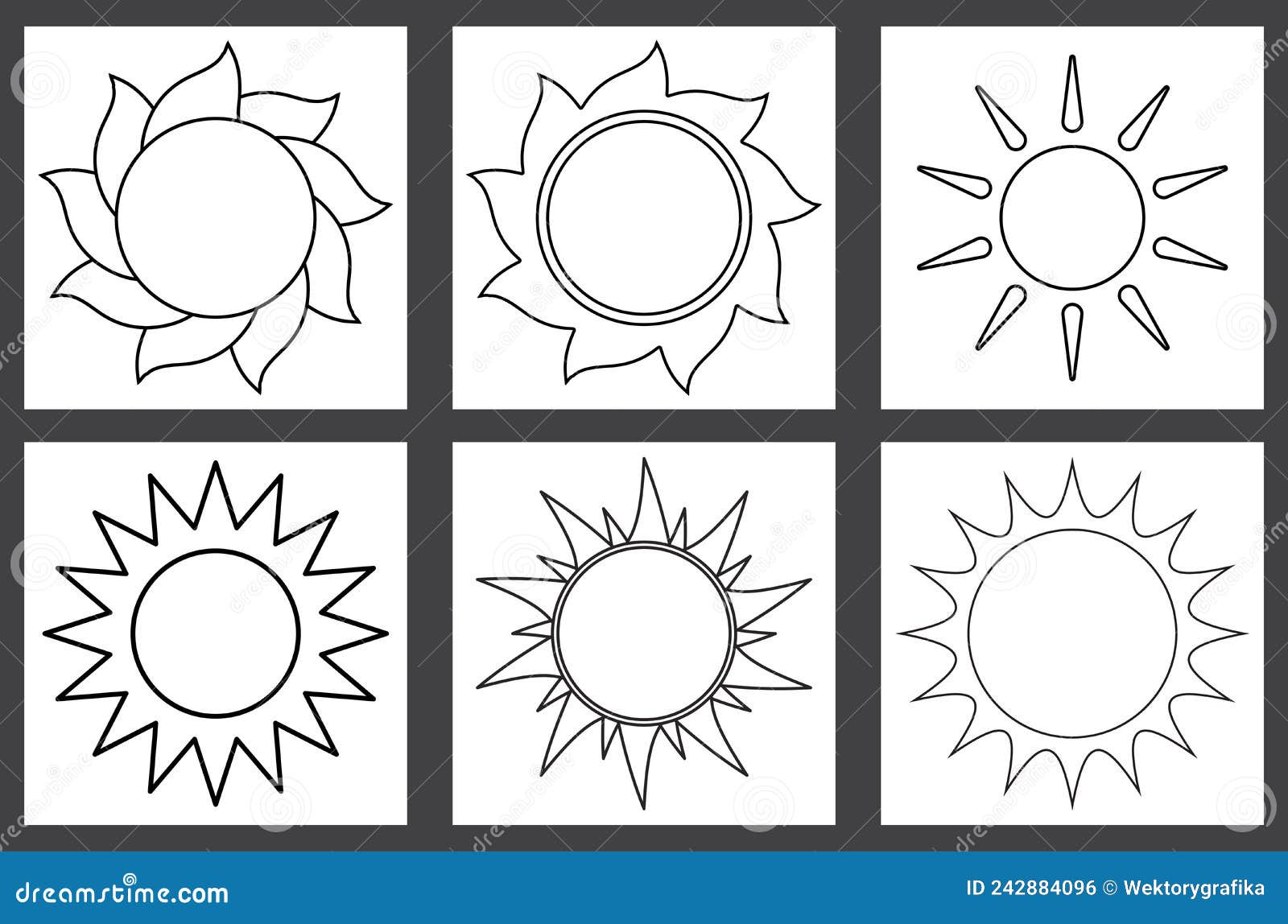 Sun Outline Set. Line Art Icons of Different Sun Shape Stock Vector ...