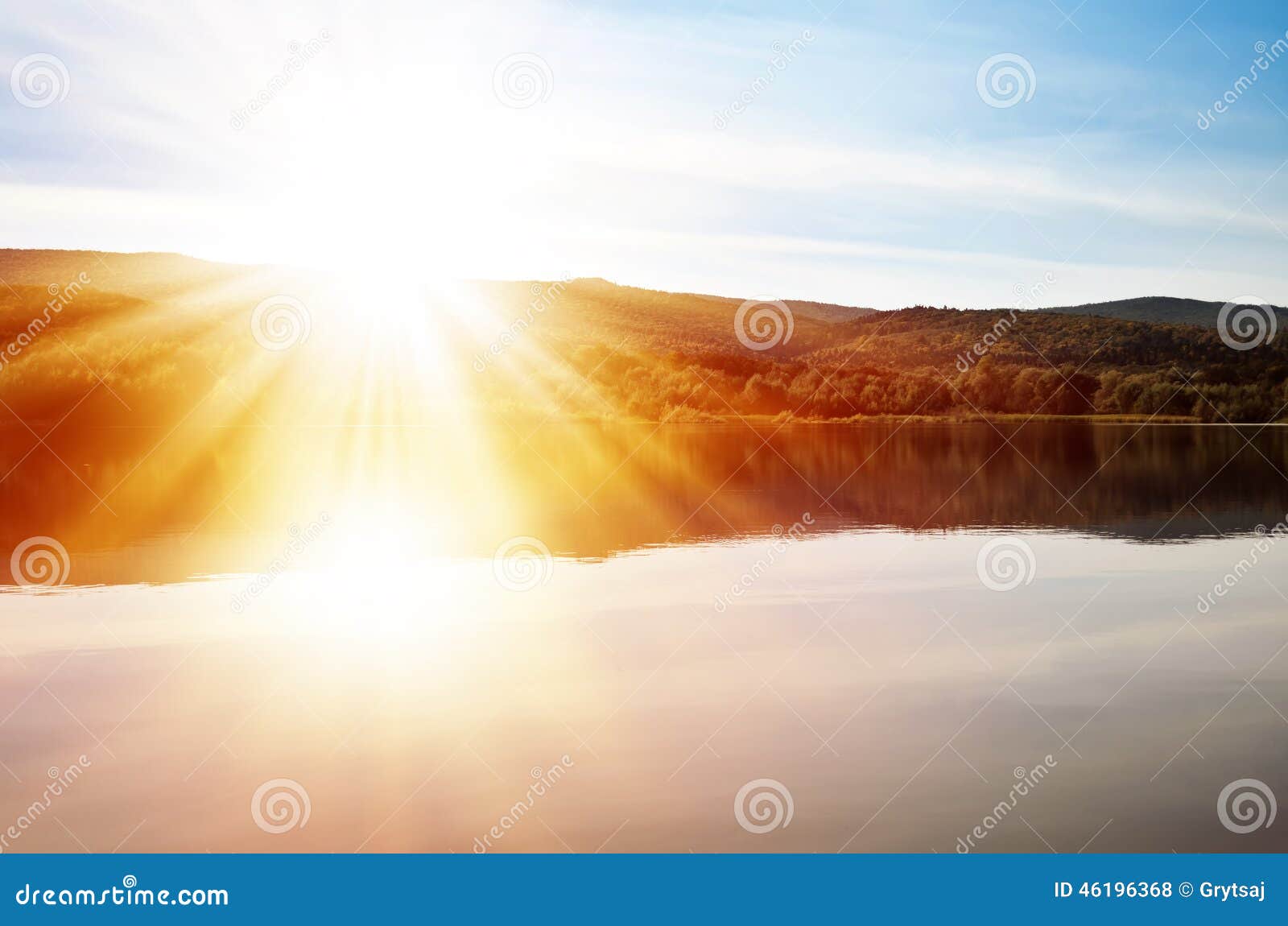 Sun over lake stock photo. Image of light, outdoors, sunset - 46196368