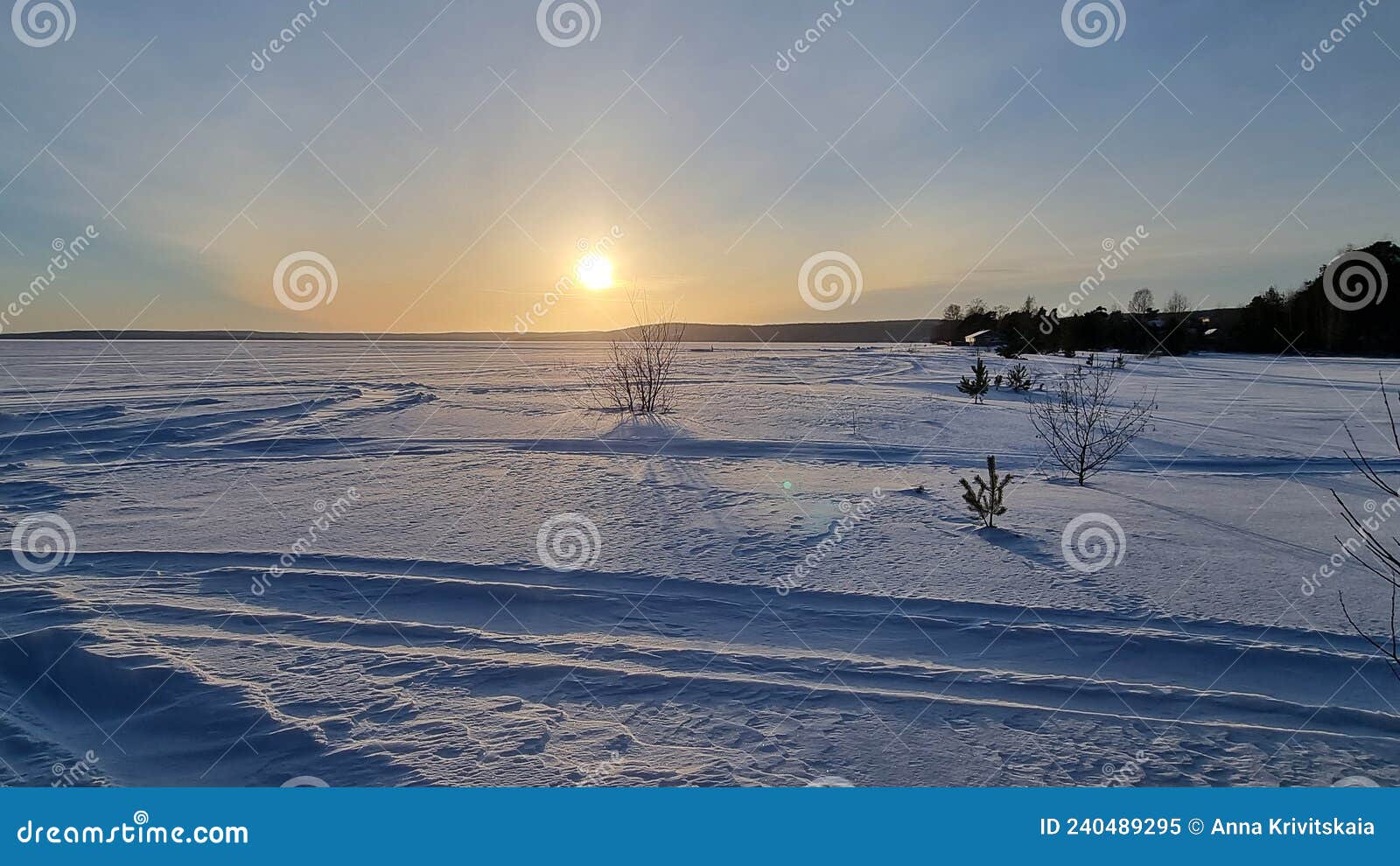 The Sun Over the Snow-covered Lake in Winter Stock Image - Image of ...