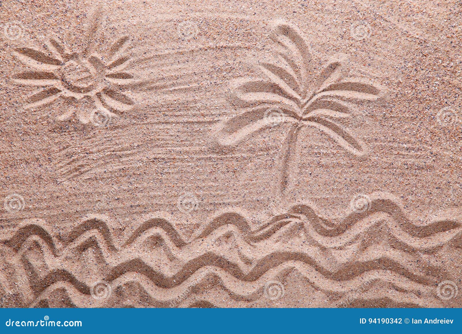 Sun, palm tree and waves stock photo. Image of season - 94190342