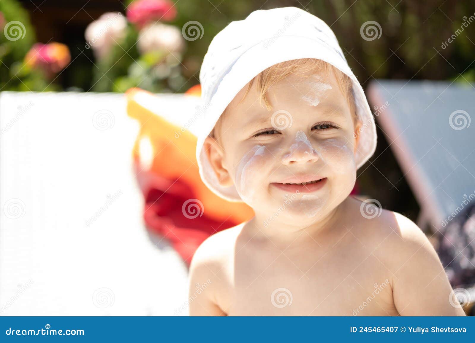 Sun Protection. Close Up Portrait of Smiling Boy Face with Sunscreen ...