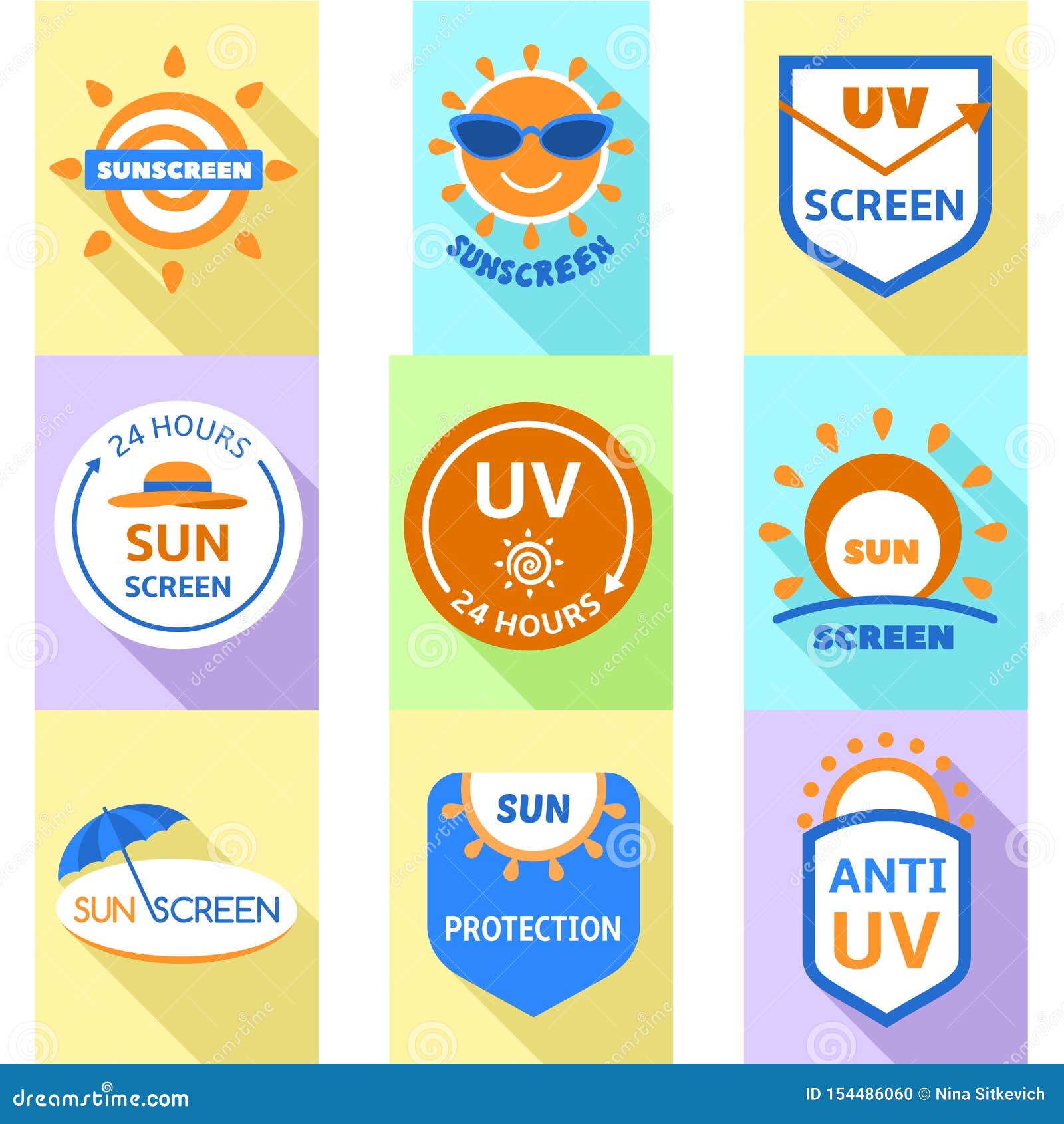 Sun Protection Logo Set, Flat Style Stock Vector - Illustration of ...