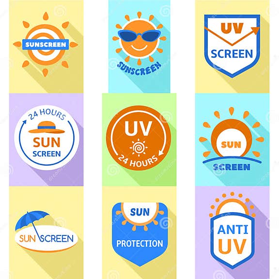 Sun Protection Logo Set, Flat Style Stock Vector - Illustration of ...