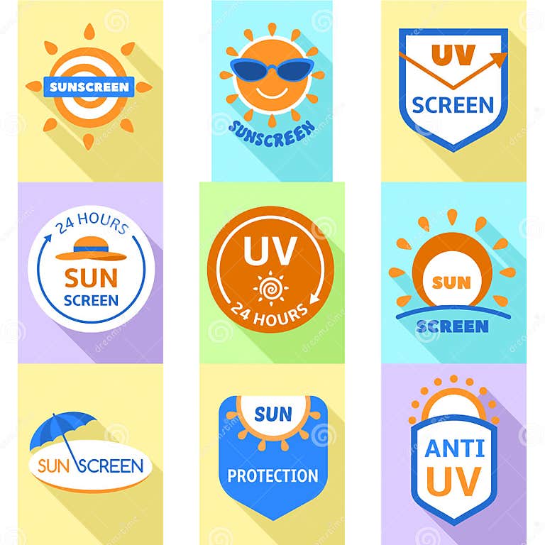 Sun Protection Logo Set, Flat Style Stock Vector - Illustration of ...