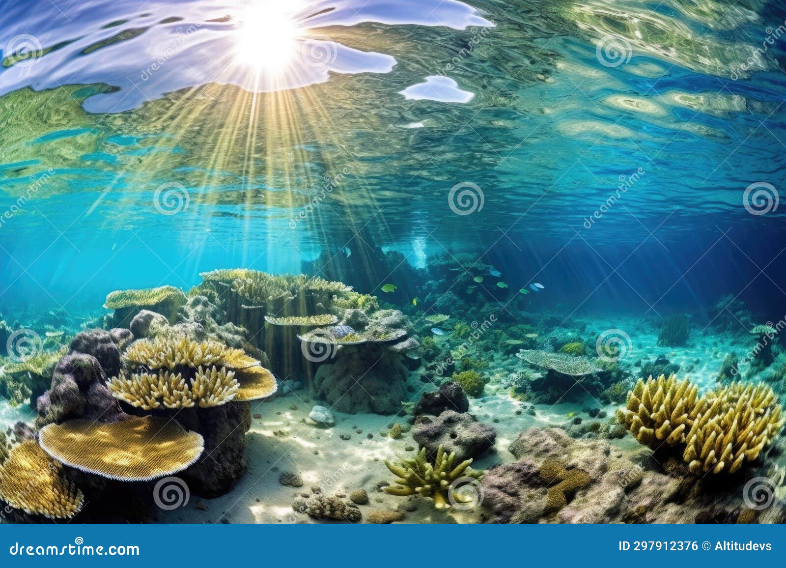 Sun-ray Effects Peering into a Bustling Coral Ecosystem Stock Photo ...