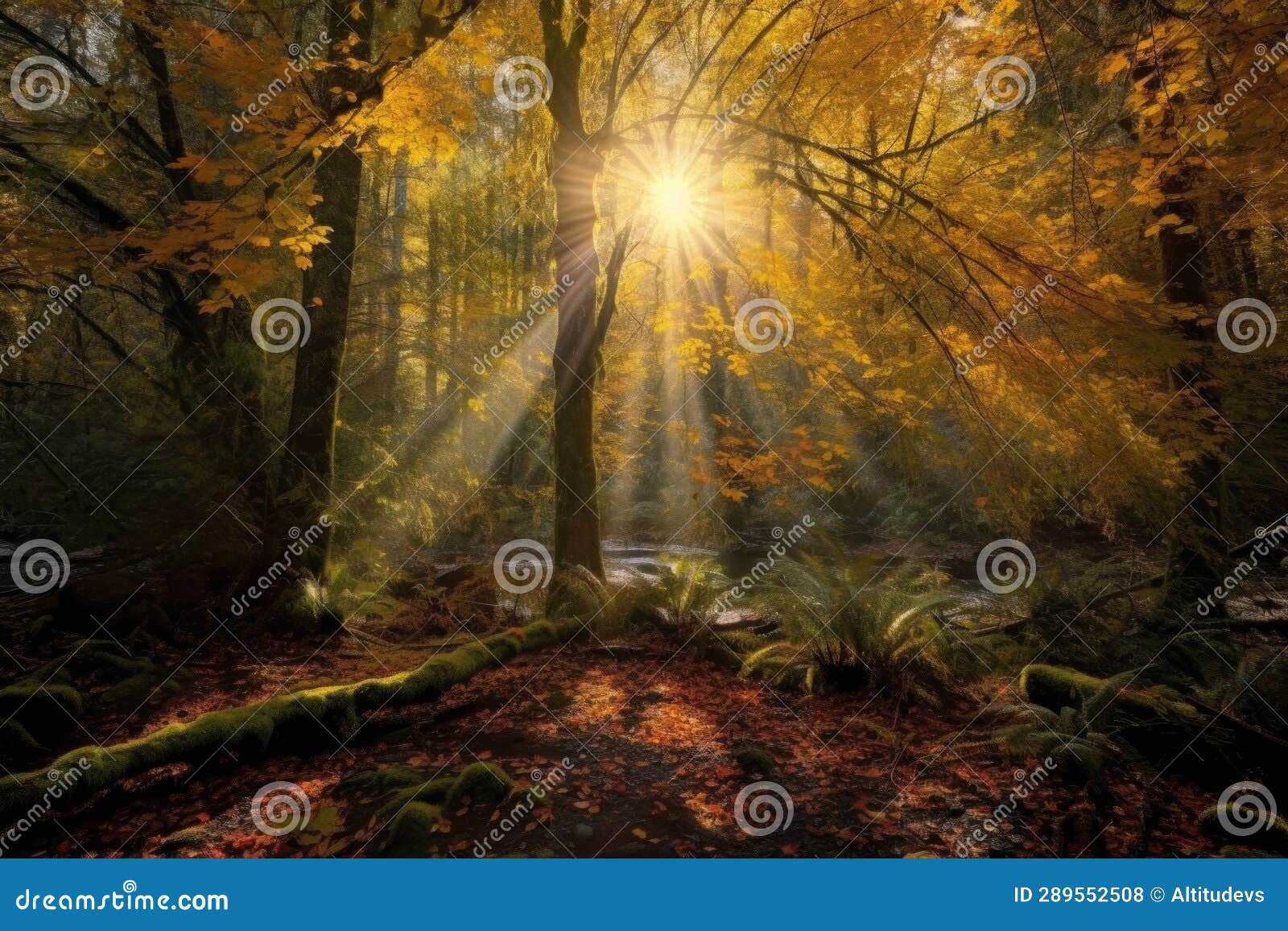 Sun Rays Breaking through the Canopy of a Dense Fall Forest Stock Photo ...