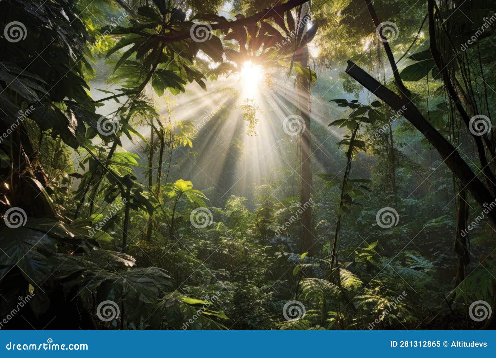 Sun Rays Breaking through Dense Jungle Canopy Stock Illustration ...