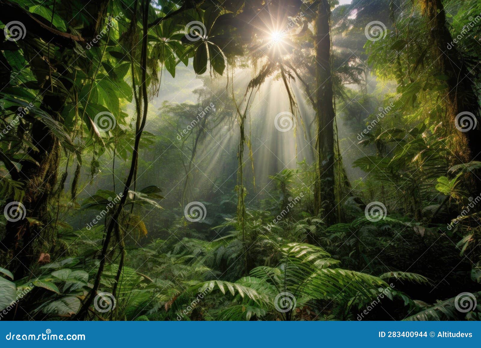 Sun Rays Breaking through Dense Jungle Canopy Stock Illustration ...
