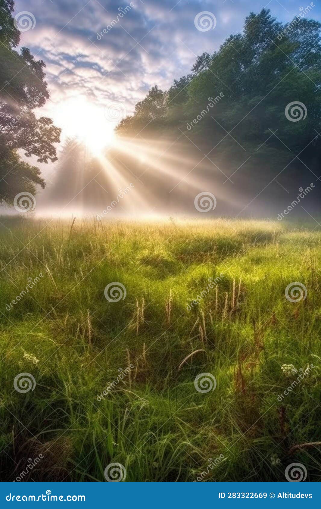 Sun Rays Breaking through Morning Fog in a Meadow Stock Image - Image ...